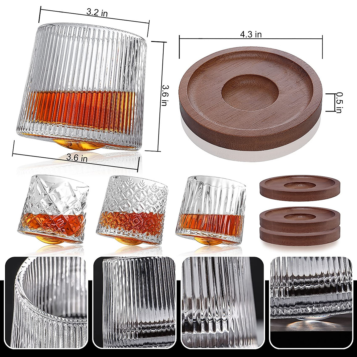 GPYG Whiskey Glasses-Premium 10 OZ Scotch Glasses Set of 4 with Wood Coasters, Spinning Old Fashioned Whiskey Glasses For Scotch, Bourbon, Liquor, Vodka, Cocktail, Rum