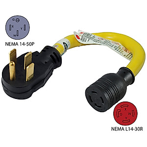 Conntek 14335 1.5-Foot Adapter 50 Amp 14-50P Male Plug To L14-30R 30 Amp 125/250 Volt Locking Female Connector, Black