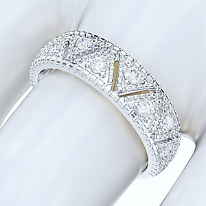 PRSTANI 5.5mm Wide Sterling Silver Vintage Milgrain Simulated Round Brilliant Cut Diamonds Unisex Wedding Ring (5.5)