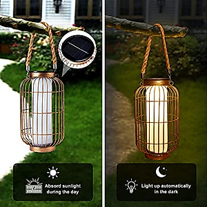 baterysu Large Outdoor Solar Lanterns Hanging Light Waterproof LED Garden Lights Solar Powered Retro Metal Auto On Off Table Lamp for Garden Patio Porch Pathway Walkway Tabletop Decorative(Bronze)
