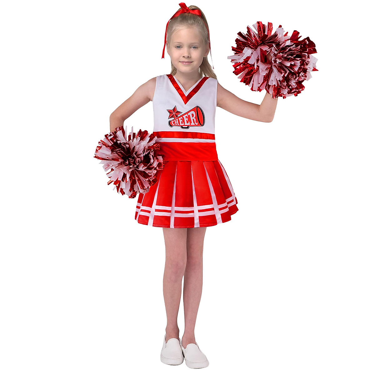 Spooktacular Creations Kids Cheerleader costume, Red Cheerleader Outfit for Girls, Child Red Cheerleading Uniform Outfit for Halloween Dress-up Parties (Medium)