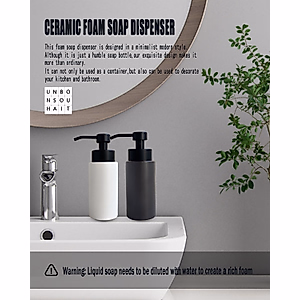 UNBONSOUHAIT 9.5 Oz Foaming Soap Dispenser for Bathroom,Kitchen Foam Soap Dispenser,Refillable Modern Foam Pump Bottle,Black Ceramic Foaming Hand Pump Dispenser (White)