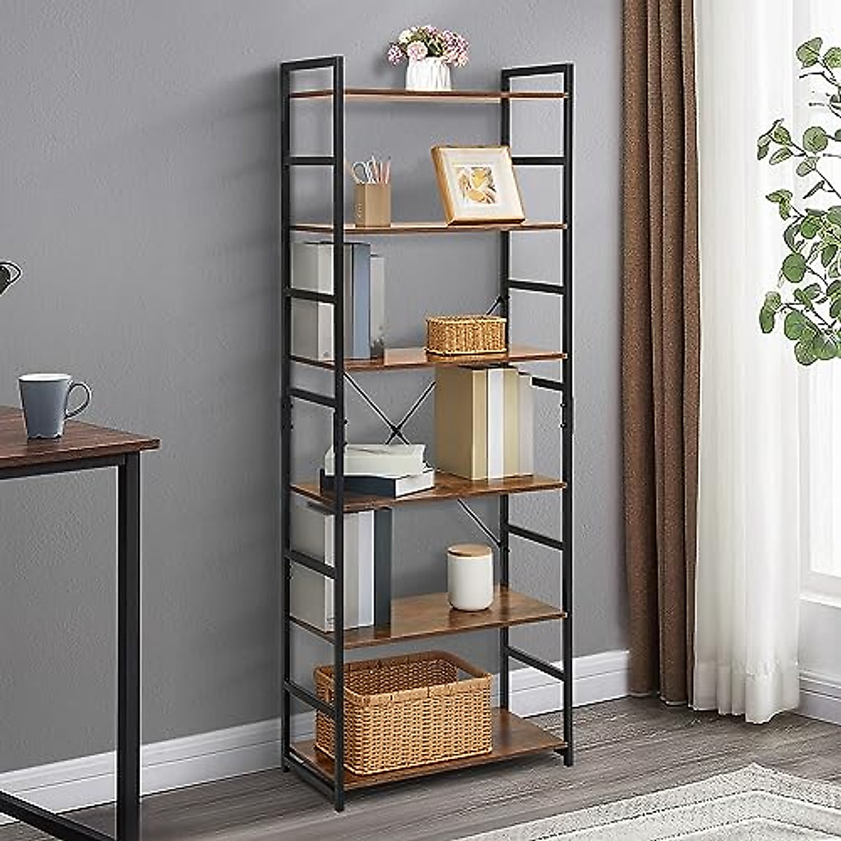 MoNiBloom 6-Tier Bookcase, Tall Bookshelf with Metal Frame Industrial Style Display Shelves for Home Living Room Office, Rustic Brown
