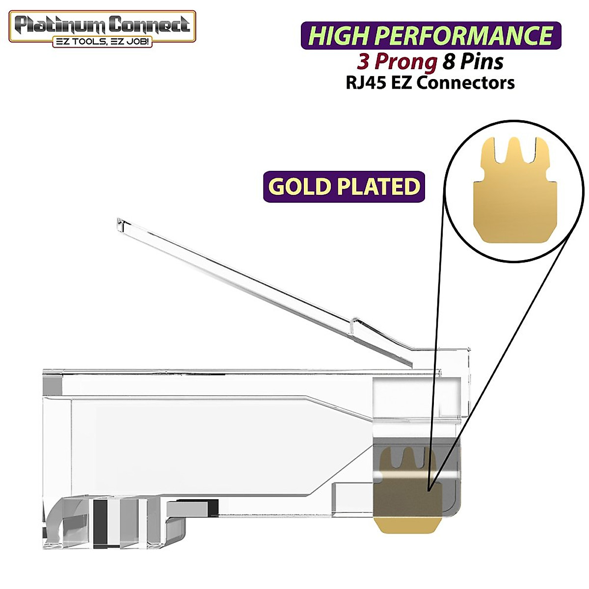 RJ45 CAT6 Passthrough Connectors (50 PCS),Gold Plated 3 Micron 3u, High Performance 3 Prong Pins (CAT6/50 PCS)