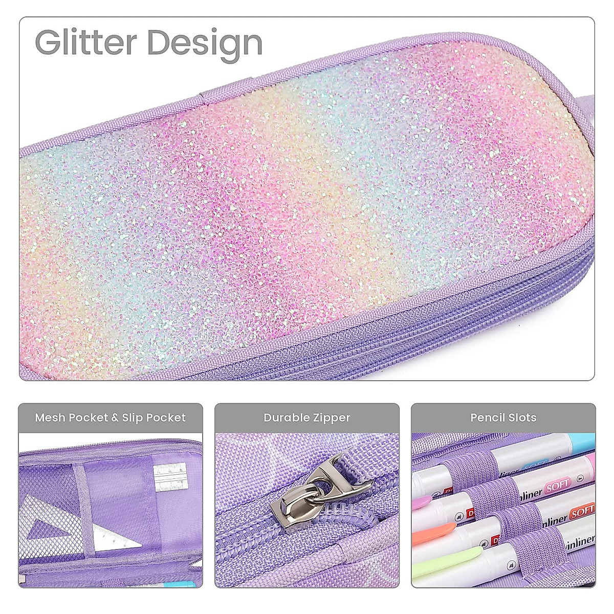 Bagseri Pencil Case for Kids - Expandable Cute Pencil Case for Girls Large Capacity Pencil Pouch Organizer for School Student Office Supplies, Pen Case Only (Purple, Mermaid Scale)
