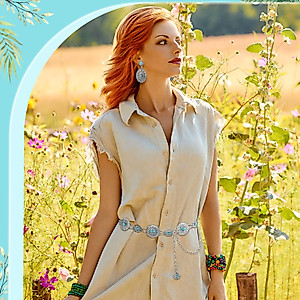 4 Pcs Turquoise Concho Chain Belt with Bohemian Dangle Metal Large Oval Earring, Women Concho Adjustable Belts Western Turquoise Earrings for Women