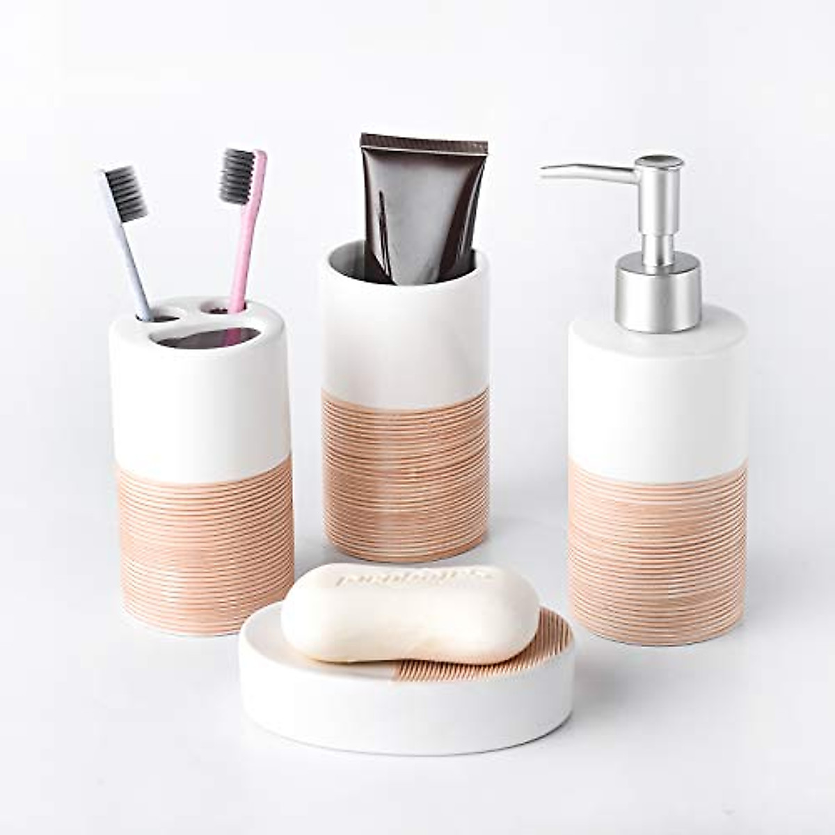 MIUFA 4 Piece White Deluxe Ceramic Bathroom Accessories Set Soap Dispenser Toothbrush Holder,Tumbler & Soap Dish (White)
