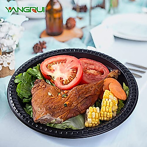 YANGRUI Reusable Plastic Plates, 9 Inch 150 Pack Food Grade Meterial BPA Free Black Dinner Plates