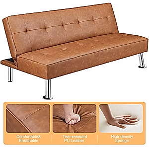 Yaheetech Convertible Sofa Couch Futon Bed Faux Leather Sofa Bed Sleeper Adjustable Loveseat Futon Couch Living Room Furniture with Chrome Metal Legs, Brown