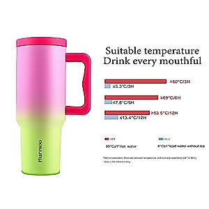 Murmioo 40OZ Tumbler with Handle and Straw,Insulated Leak Proof Double Walled Stainless Steel Travel Mug,Reusable Water Bottle Cup，Maintains Cold, Heat, and Ice for Hours(Rose green gradient)