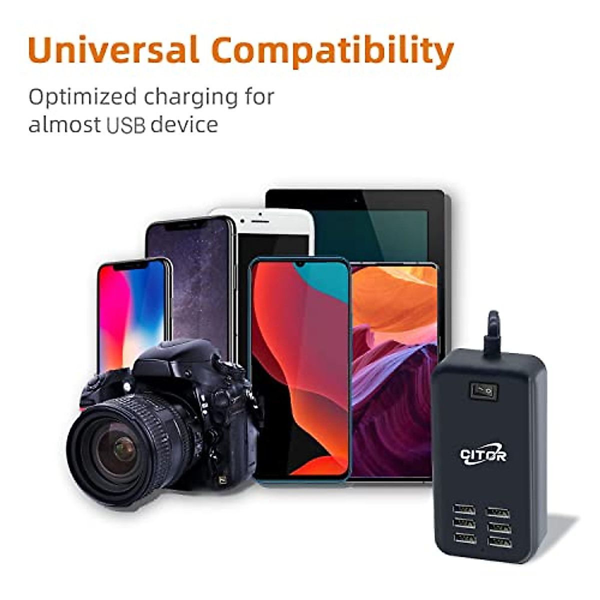 Multiport USB Charger, 6 Port USB Charging Station for Multiple Devices, Phone, Tablet, Power Strip with ON/Off Switch (Black)