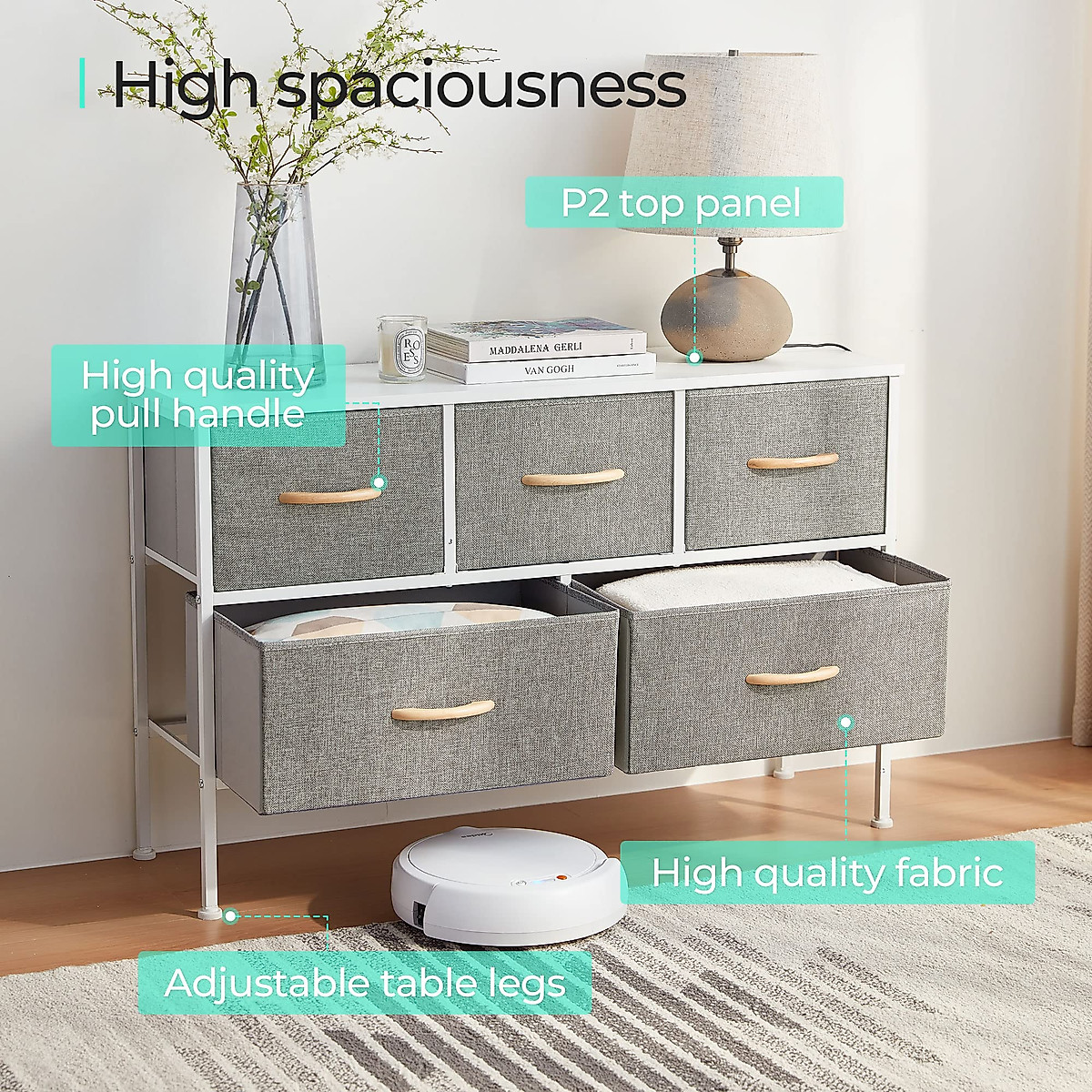 LINSY HOME Dresser for Bedroom with 5 Drawers, Fabric Long Dresser, Wide Chest of Drawers, Storage Organizer Unit for Closet, Living Room, Hallway, Nursery