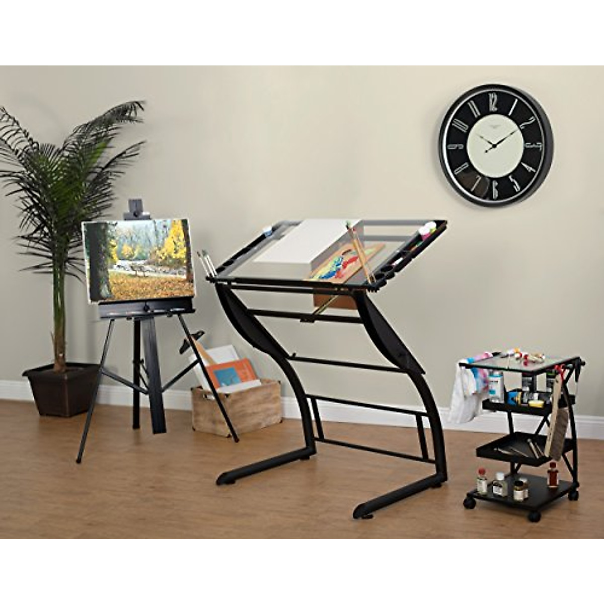 SD STUDIO DESIGNS Triflex Drawing Table, Sit to Stand Up Adjustable Office Home Computer Desk, 35.25" W X 23.5" D, Charcoal Black/Clear Glass