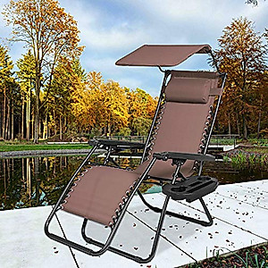 Zero Gravity Chairs Set of 2 Clearance with Sunshade Canopy and Cup Holder Tray Padded Adjustable Antigravity Lounge Folding Chair Patio Lounge Chair for Outdoor, Camping, Patio, Lawn, Brown