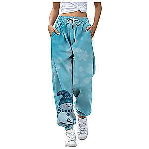High Waisted Sweatpants for Women,High Waisted Sweatpants for Women Christmas Snowman Print Elastic Waisted Workout Active Joggers Drawstring Wide Leg Trouser Elk Print Sky Blue XL