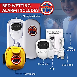 CAPTAIN DRY Wireless Bedwetting Alarm for Kids Includes Armband Rechargeable for Deep Sleepers Boys and Girls Move Turn Around During Sleep Kids Older Children Loud Sound Clinically Proven System