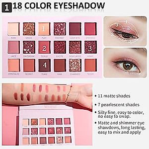 Lookmee All In One Makeup Essential Starter Kit for Beginners or Pros, 18 Colors Naked Eyeshadow Palette Nude Face Primer, Brush, Sponge, Eyebrow Powder, Winged Eyeliner Stamp (SetA)