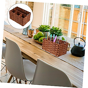 Cabilock Rattan Storage Basket 4 Section Wicker Divided Baskets Tea Bag Sugar Packet Holder Coffee Station Condiment Organizer Silverware Cutlery Storage Box
