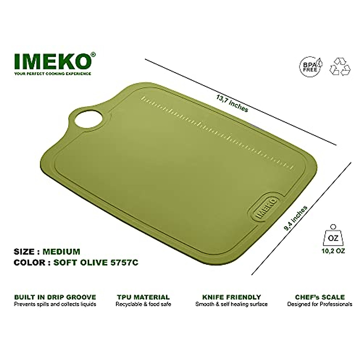 IMEKO TPU Cutting Board, BPA Free, Knife Friendly, Flexible, Dishwasher Friendly, Space Saving, Ergonomic Design, Chopping Mat - Olive Green - Size: Medium 13.7" x 9.4"- W: 10 oz.