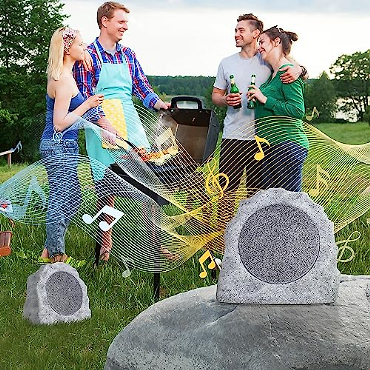 NiceBuy Rock Speakers Outdoor Waterproof Bluetooth Wireless Solar Powered Rock Speaker System Rechargeable with Lights&TWS Pair Function for Patio Outside Garden Deck Yard BBQ