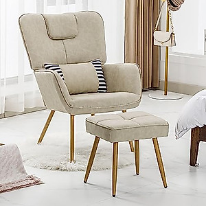 FERFALDER Upholstered Wingback Chair, Accent Chair with Ottoman, Comfy Living Room Chairs, Faux Leather Arm Chairs for Living Room, Bedroom, Office and Study, Beige