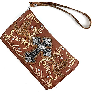 Justin West Embroidery Hummingbird Autumn Floral Design Rhinestone Cross Wristlet Trifold Wallet Attachable Long Strap (Turquoise)