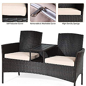 DORTALA Outdoor Patio Loveseat, Wicker Patio Conversation Set with Removable Cushions and Coffee Table, Plastic Table Top, Modern Rattan Loveseat Sofa Set for Garden Lawn Backyard (Brown+White)