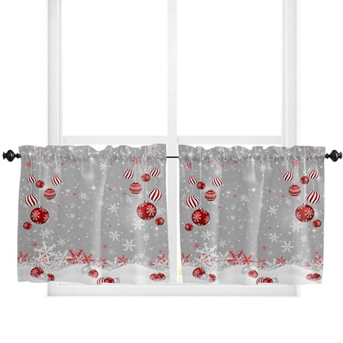 Red Christmas Balls Kitchen Curtain Tier Curtains 24 Inch Long 2 Panels Set, Rod Pocket Window Curtain Drapes Cafe Window Treatments for Living Room Bedroom Romantic Winter Snowflakes Grey Backdrop
