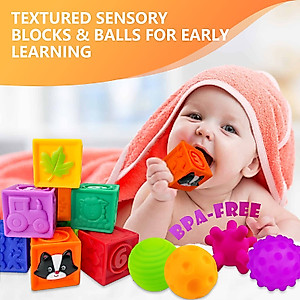 ROHSCE Baby Building Toys & Sensory Toys Set: 9 Building Blocks, 4 Textured Sensory Balls - Soft Colorful Baby Teething & Bath Toys, Stacking Blocks Toys, Educational Toys