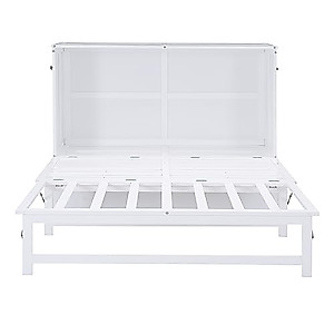 BIADNBZ Queen Size Murphy Cabinet Bed Frame with Built-in Charging Station and a Shelf/Desk, Wooden Foldable Platform BedFrame for Bedroom/Guest Room Dorm, White