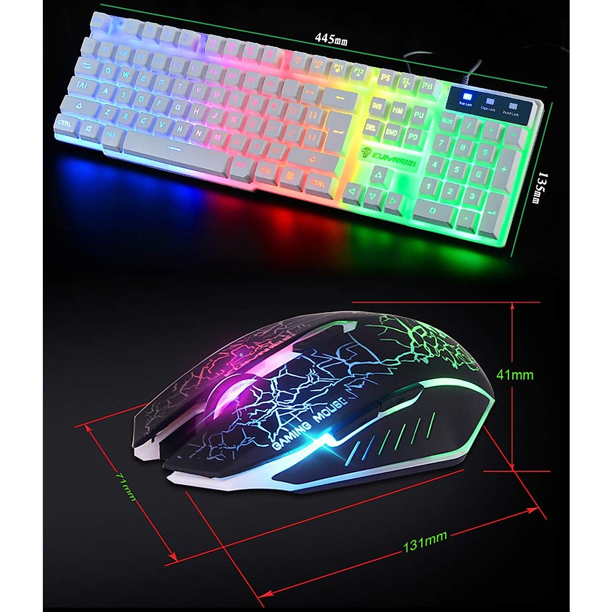 Axiba Waterproof Gaming Keyboard Mouse Sets USB Wired 104 Keys Skull Rainbow LED Backlit Multimedia Ergonomic Gamer Keyboard 2400DPI 6 Buttons Optical Professional Game Mice + Mouse Pad (Skull White)
