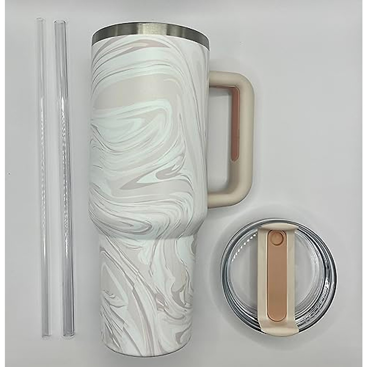 Thirst Trap Drinkware 40 OZ Swirl Tumbler with handle, 2.0 lid and straw, stainless steel travel mug for cold & warm drinks (Rose Quartz Swirl)