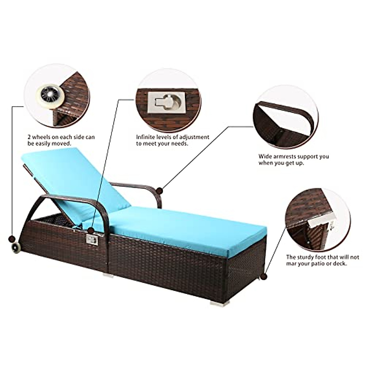 DECMICO Chaise Lounge Chair Set of 3 Outdoor Wicker Patio Furniture, Infinite Position Adjustable Backrest with Removable Cushion and a Glass Table,Ideal for Yard, Garden, and Backyard (Turquoise)