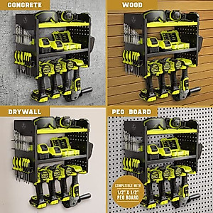 BUILTSTRONG Power Tool Organizer Wall Mount - 3-Tier Heavy-Duty Metal Hand Tool Storage Rack, Utility Racks, Drill Holder, PegBoard Side, & More - Garage Storage Cordless Tool Organizer (Green)