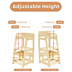 Lauon Step Stools for Kids, Adjustable Height Toddler Montessori Wooden Tower - Safe Anti-Drop Kitchen Stool Helper, Standing Tower for Bathroom & Counter