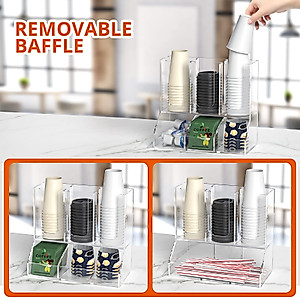 Richboom Cup and Lid Organizer, 6 Compartments with 2 Removable Dividers Coffee Station Countertop Cup Dispenser Condiment Organizer Accessories Caddy for Breakroom, Office, Home - Clear