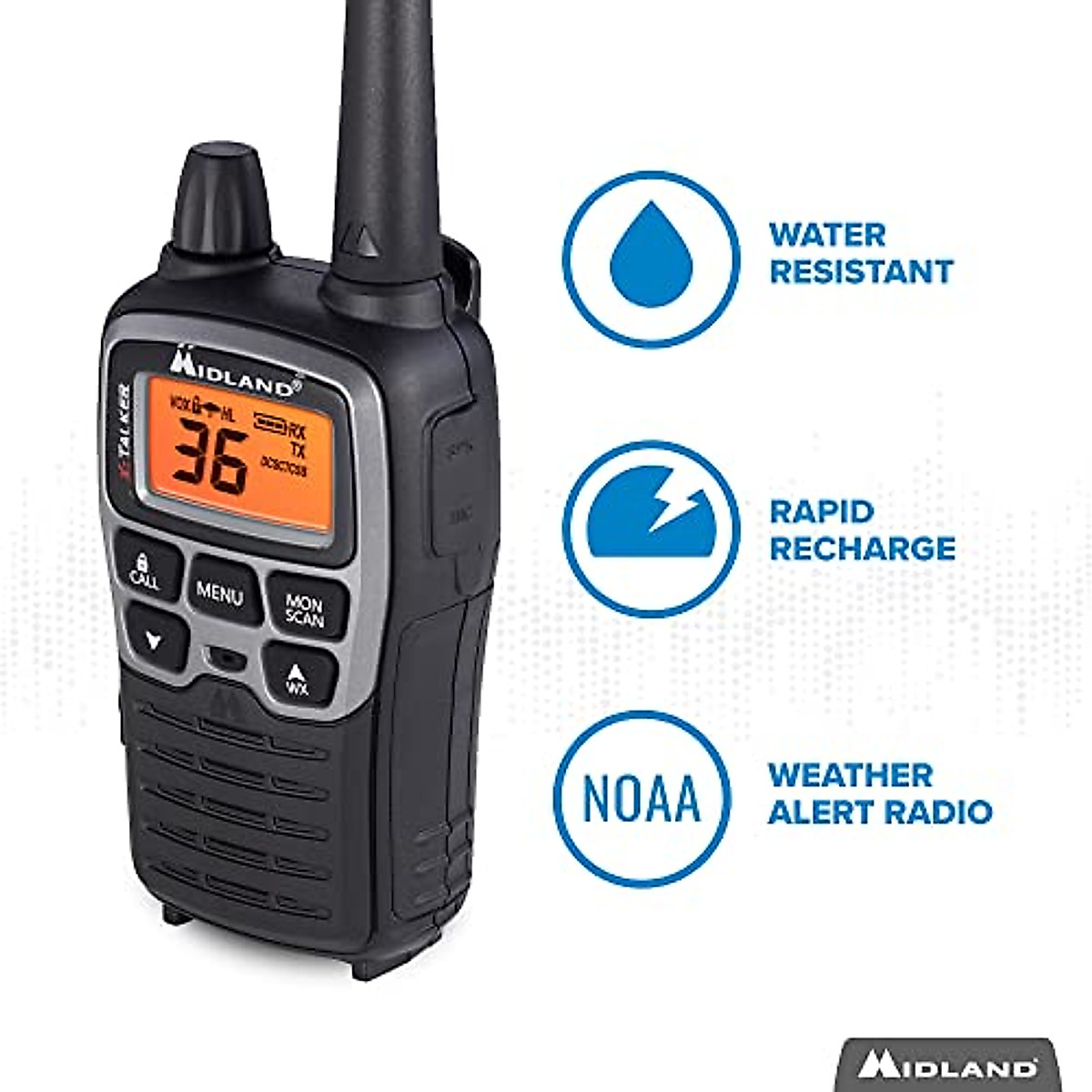 Midland - X-TALKER T77VP5, 36 Channel FRS Two-Way Radio - Up to 38 Mile Range Walkie Talkie, 121 Privacy Codes, and NOAA Weather Scan + Alert (Includes a Carrying Case and Headsets) (Black/Silver)