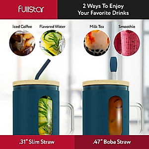 fullstar Glass Cups with Lids and Straws - Drinking Glasses, Glass Tumbler with Straw and Lid, Iced Coffee Cups, Glass Coffee Cups with Bamboo Lids (Dark Teal, 1 Pack)