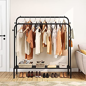 JOISCOPE Double Rods Portable Garment Rack for Hanging clothes, 43.7 * 55.5 Inch Metal Clothing Rack with Bottom Shelves and 4 Hooks,Freestanding Clothes Rack for Bedroom,Space Saving, Black