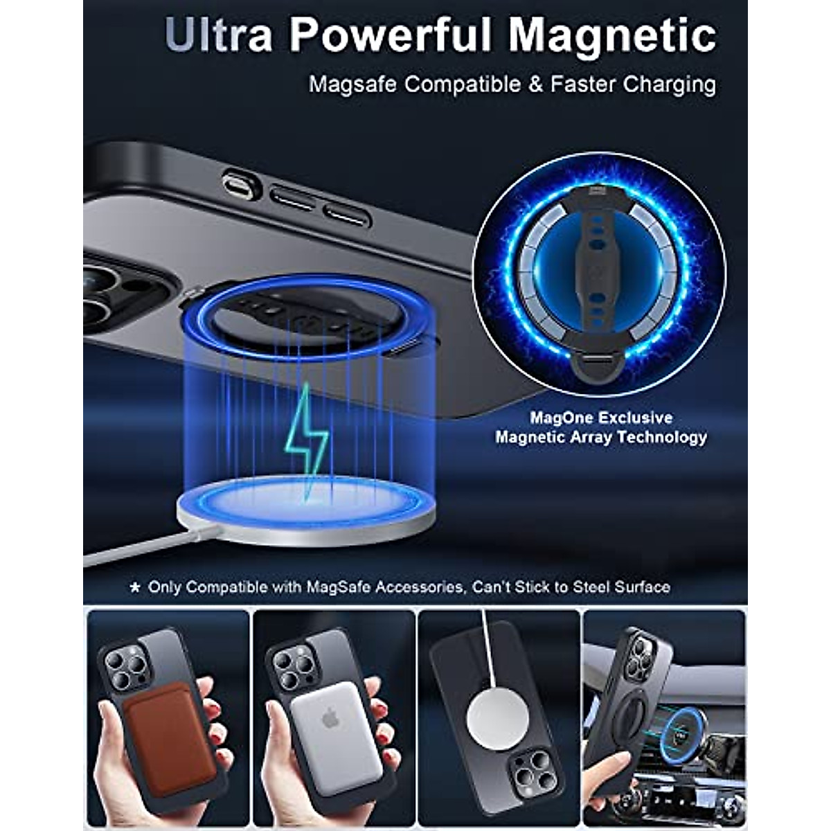 EWA Designed for iPhone 14 Pro Max Case (6.7 Inch) Compatible with MagSafe, MagOne Case with Stand, Ring Holder Strap Grip, Shockproof Protection (Matt Black)