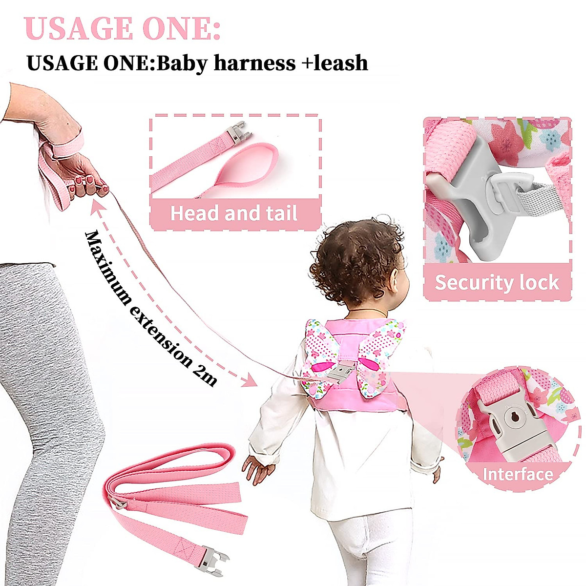 Toddlers Leash for Girls,Child Harness Leashes for Toddlers,Safety Baby Leashes Anti Lost Wrist Link 4 in 1 Walking Wristband Assistant Strap Reflective Back Belt Pink The Best Gift(Butterfly)