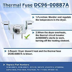 DC47-00016A Thermal Fuse & DC96-00887A Thermal Fuse & DC32-00007A Dryer Thermistor & DC47-00018A Thermostat Dryer Kit Replacement Part-Compatible with samsung lg & kenmore Dryers