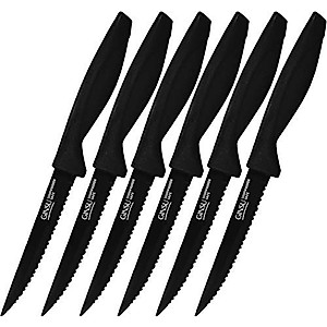 GINSU Daku Series Dishwasher Safe, Fade Resistant, Black Ceramic Coated, 6 Piece Steak Knife Set (DAK-KB-DS-006-1), 4.5 inches