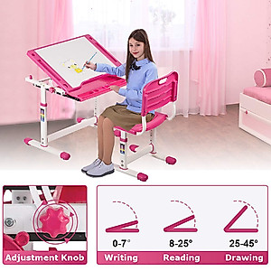 Kids Desk and Chair Set Height Adjustable Ergonomic Children Sturdy Table with Drawer Storage Childs Study School Desk Interactive Workstation Kids Art Writing Desk Furniture for Girls Boys