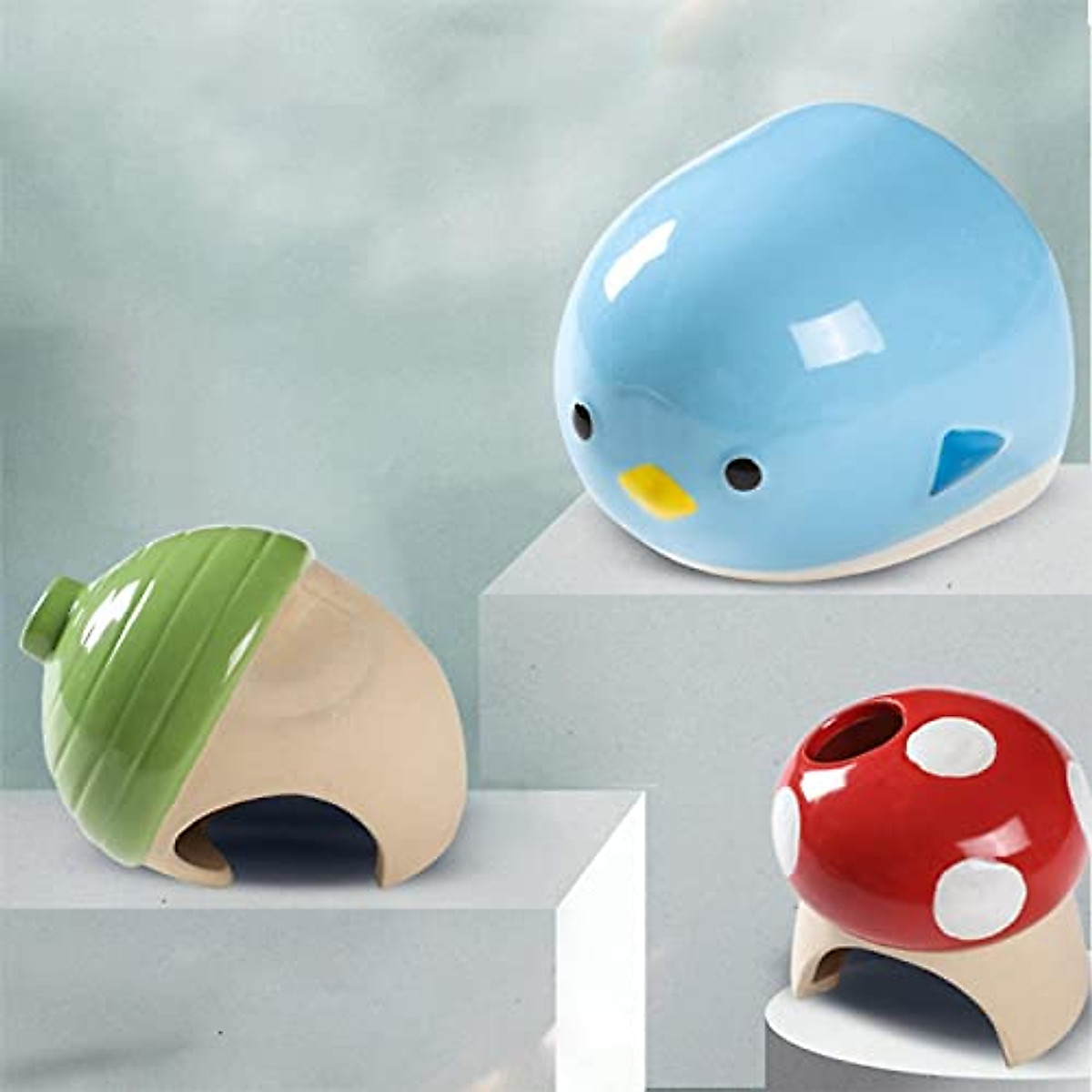 yanguilai Hamster Hideout Cooling Ceramic House Bed, Gerbils Mice Small Animal Cage Habitat House Décor,B Green Acorn
