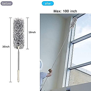 RMAI Microfiber Duster with Extension Pole(Stainless Steel), 100’’ Extra Long Extendable Cobweb Dusters, Bendable Scratch Resistant Duster for Cleaning High Ceiling Fan, Cars(Gray)