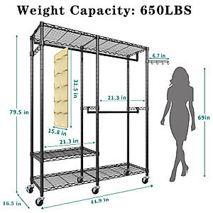 Exglobol Rolling Clothes Rack, Heavy Duty Garment Rack for Hanging Clothes, Wire Adjustable Rolling Clothing Rack with Lockable Wheels & 2 Hanger Rods