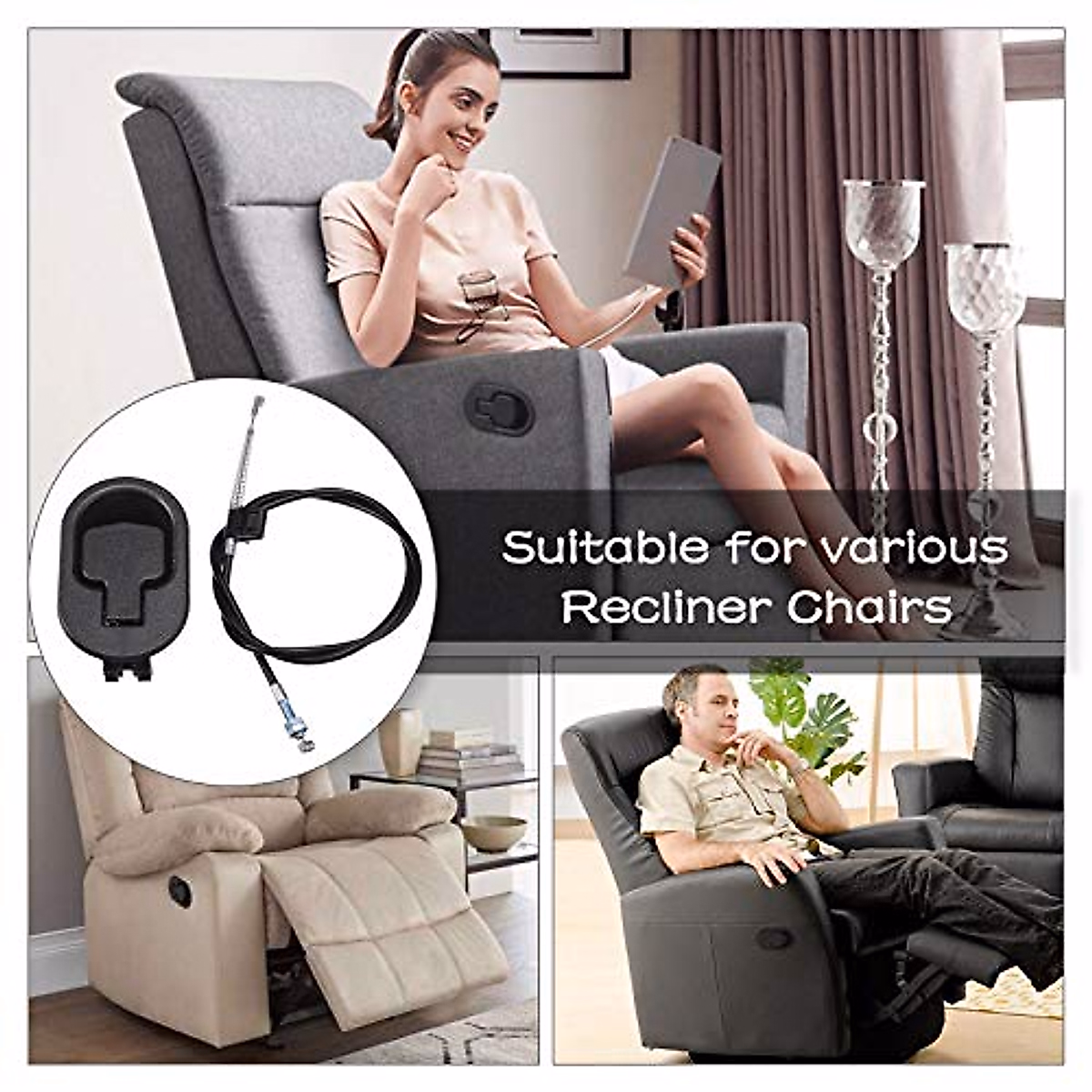 Baridwon 2 Set Recliner Replacement Parts, Durable Recliner Release Pull Handle with Recliner Pull Cable, Repair Replacement Parts Compatible with Most Furniture of Recliner Chair Sofa Couch