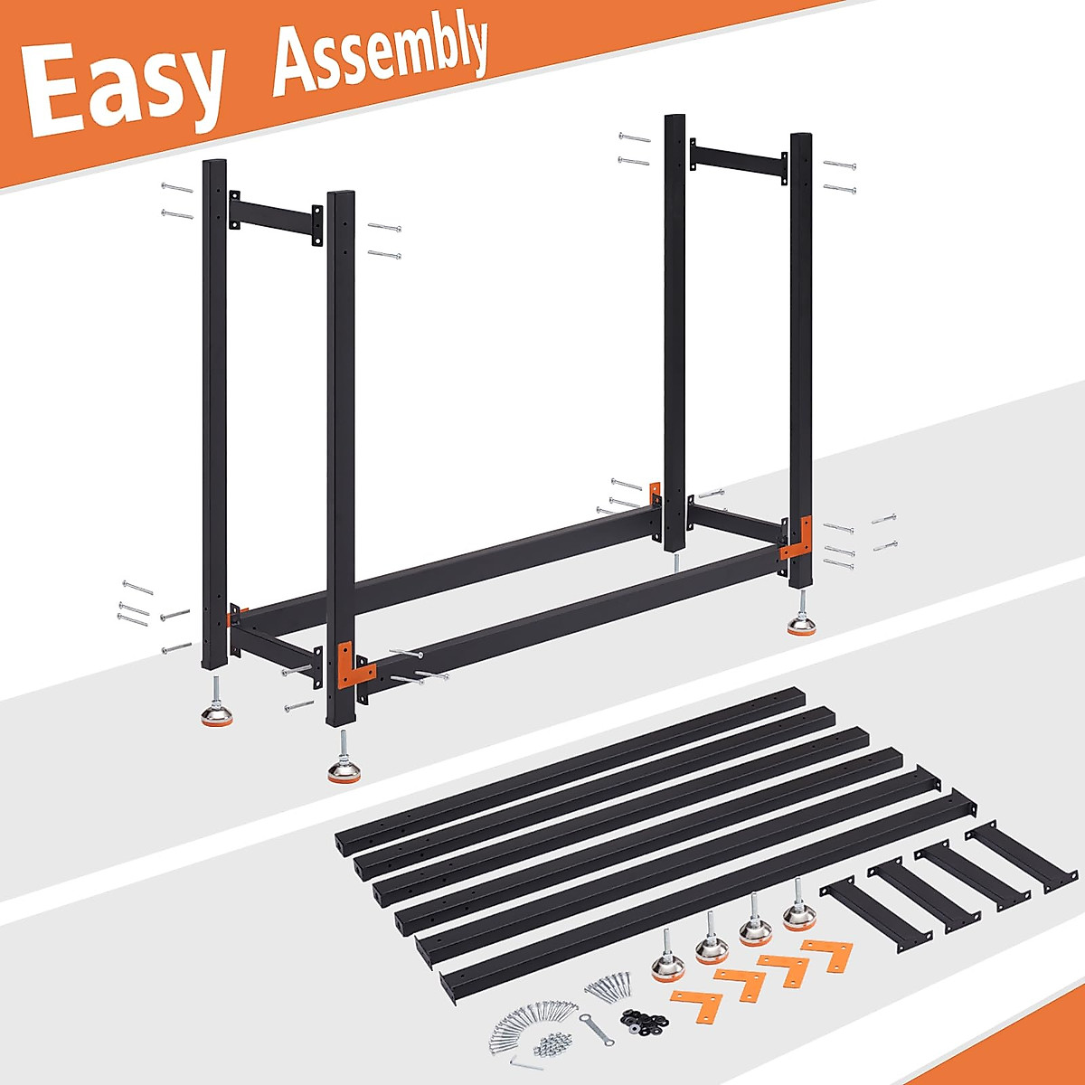 EFURDEN 4ft Firewood Rack Outdoor, Heavy Duty Wood Rack with 4 Reinforced Metal Pieces for Fireplace Wood Storage, Outdoor Indoor Firewood Rack Holder with Adjustable Foot Pad
