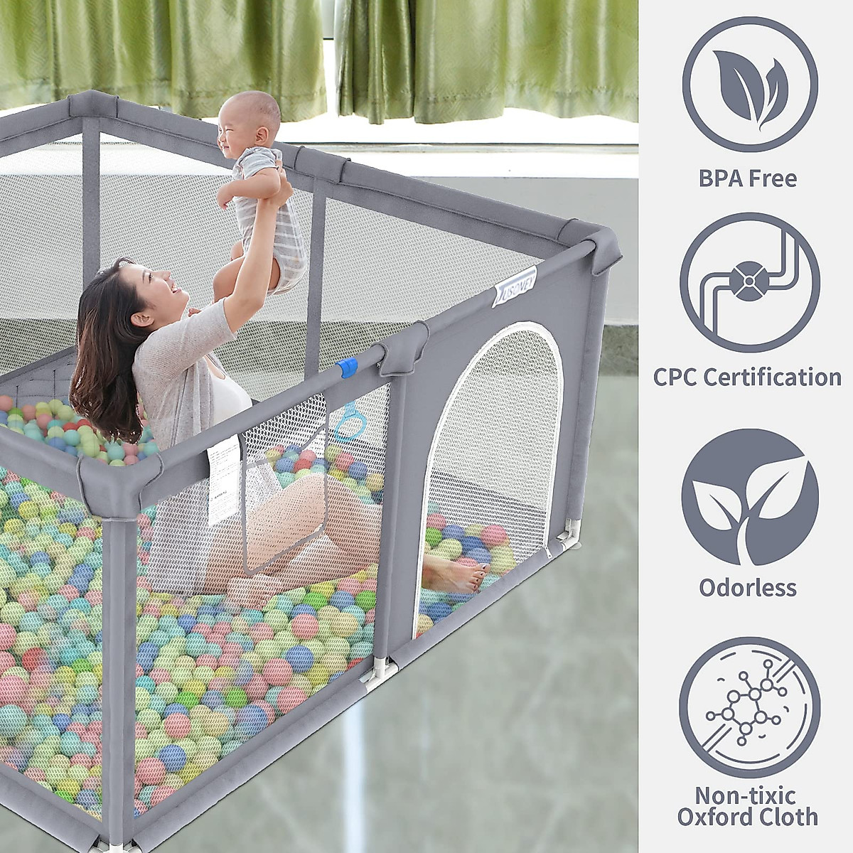 JUSONEY Baby Playard,Baby Playpen with Mat,50”×50” Baby Playpen for Toddler with Gate, Indoor & Outdoor Playard for Kids Activity Center with Anti-Slip Base,Sturdy Safety,Soft Breathable Mesh-Grey